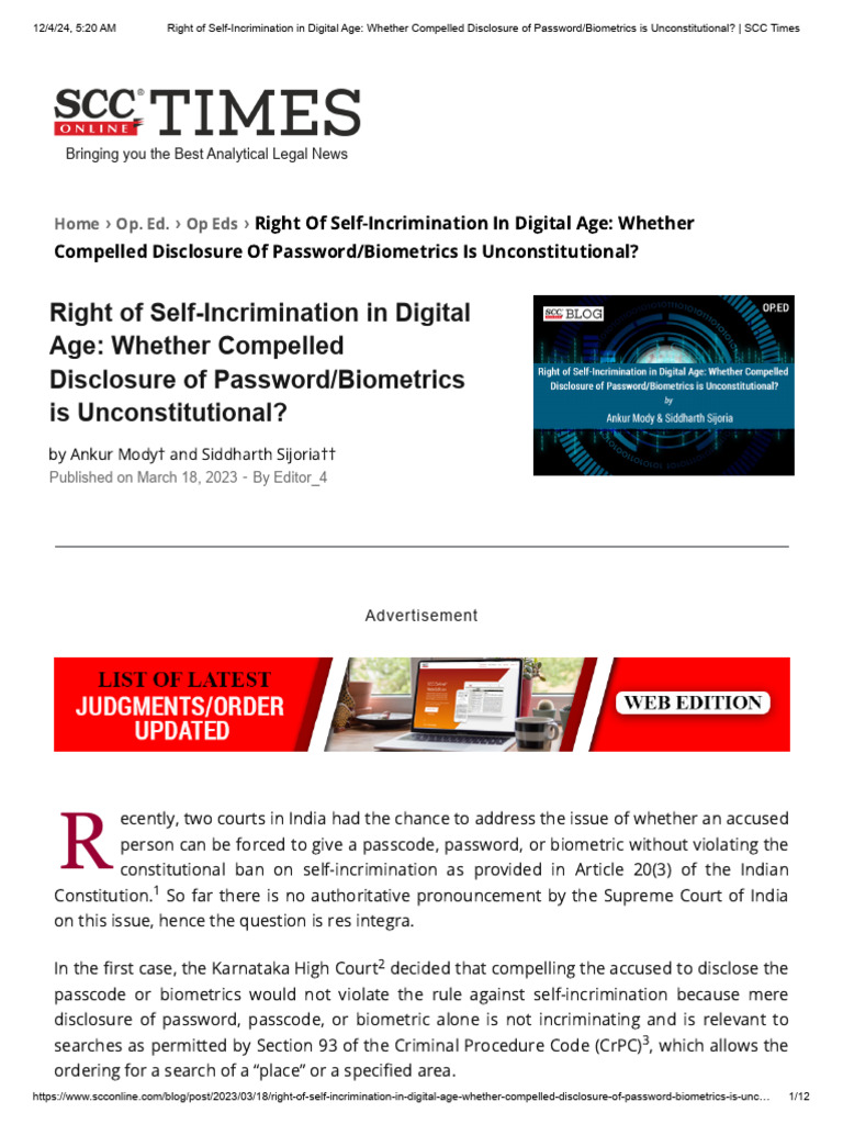 Right of Self-Incrimination in Digital Age - Whether Compelled ...