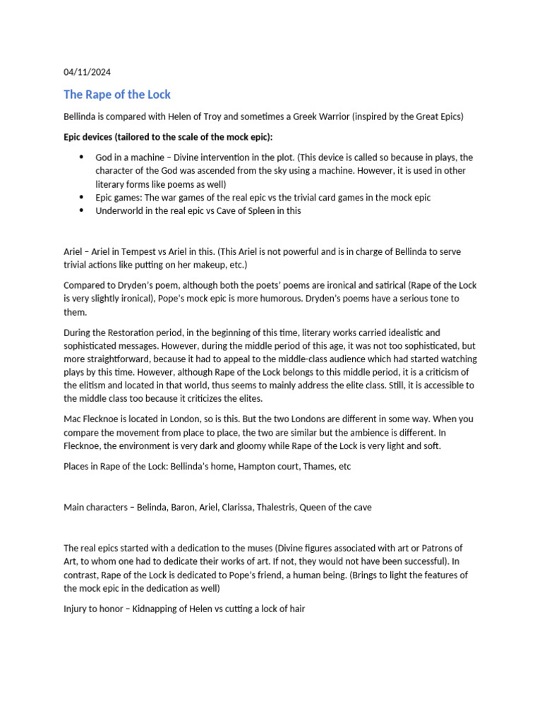 Rape of The Lock - in Class Notes | PDF | Poetry