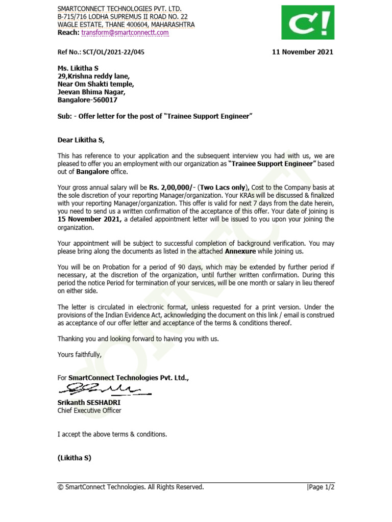 SCT Offer Letter (Likitha.S) | PDF | Salary | Tax Deduction