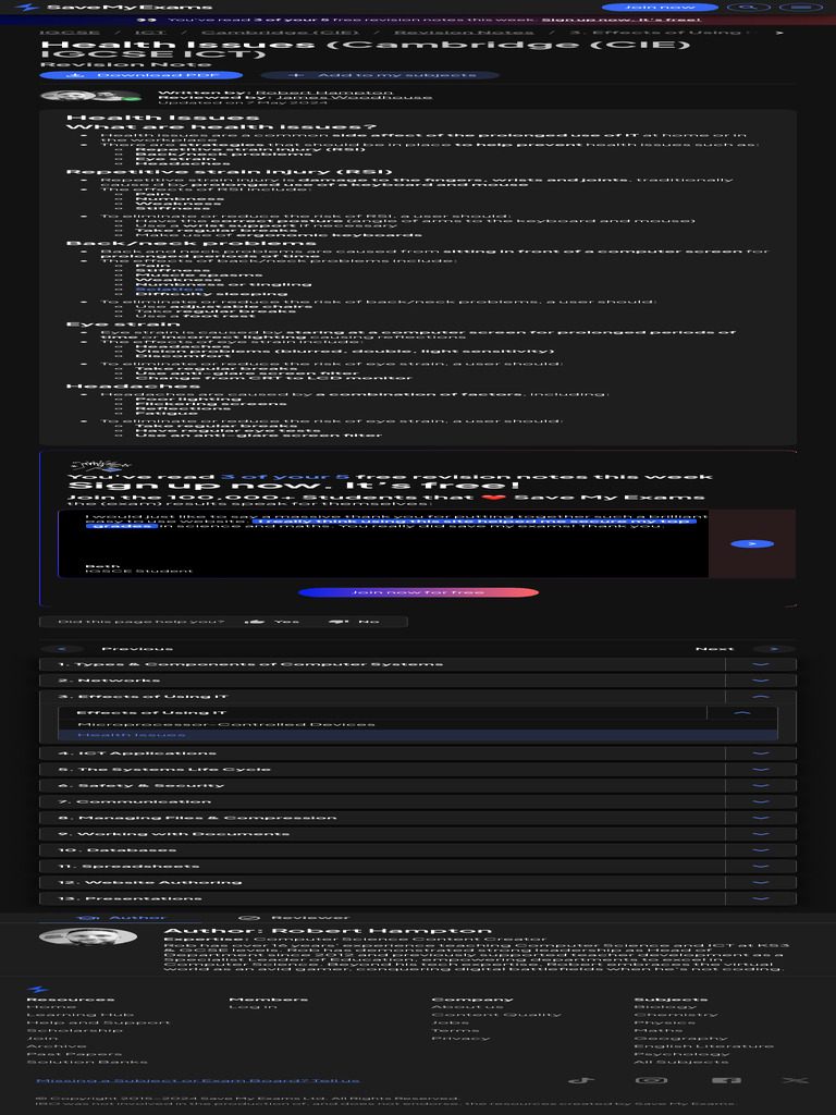 Health Issues Cambridge Cie Igcse Ict Revision Notes 2021 Pdf