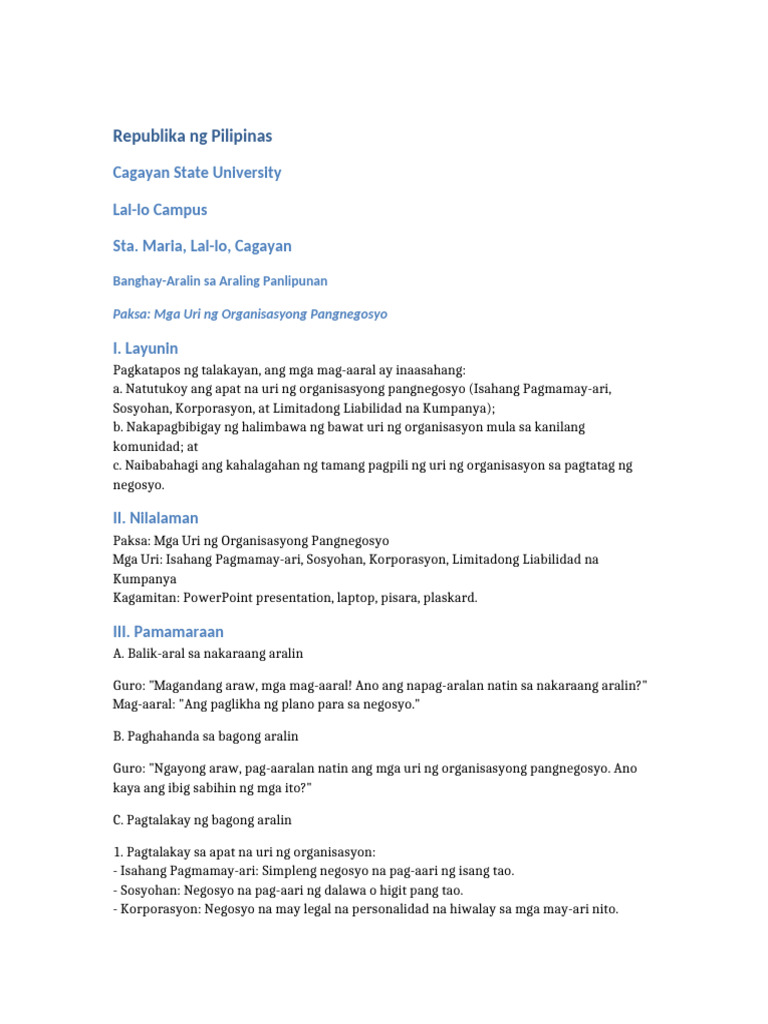 Detailed Lesson Plan Business Organizations | PDF