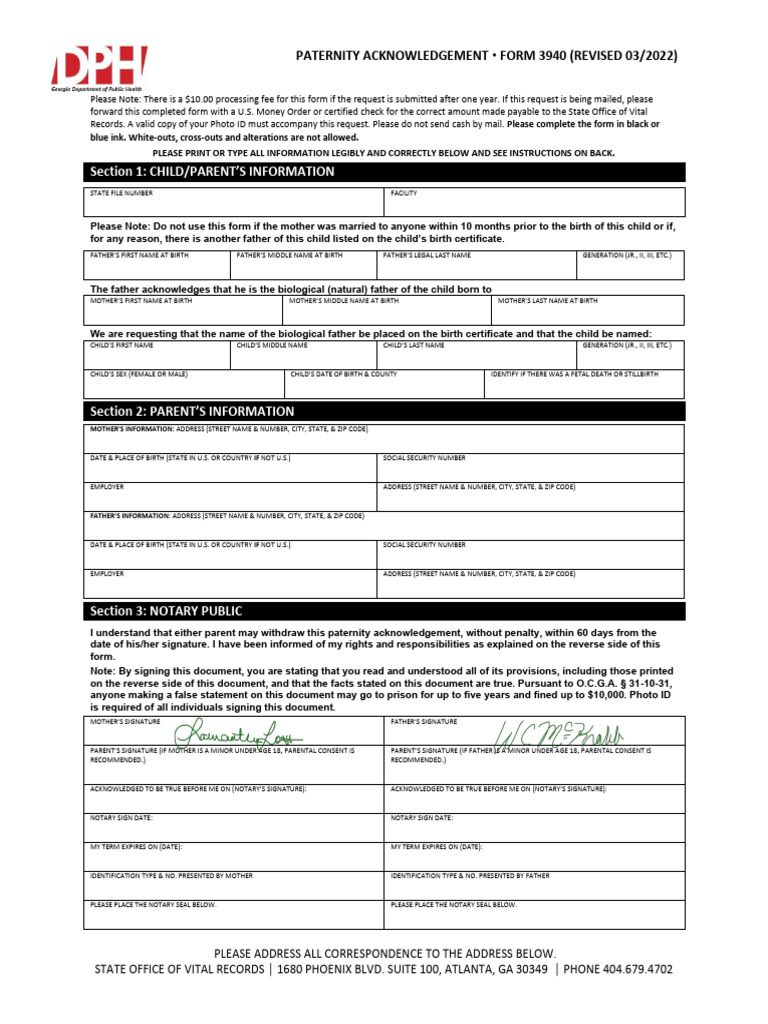 Georgia Paternity Acknowledgement Form | PDF | Father | Birth Certificate