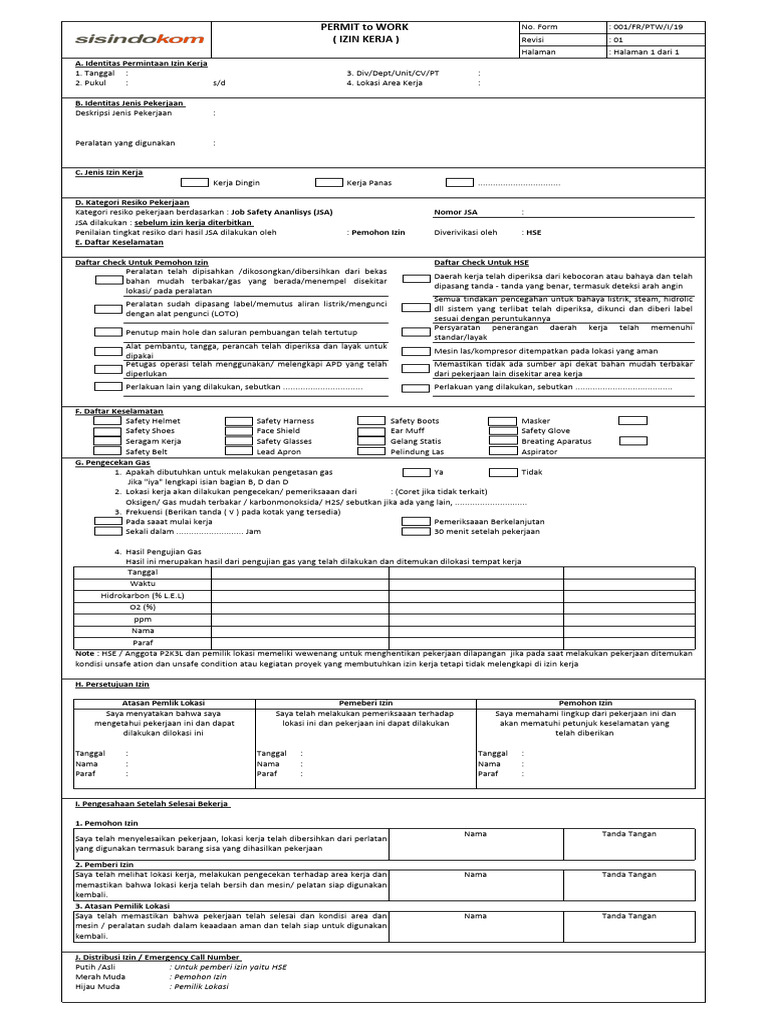 Form Permit To Work Izin Kerja | PDF