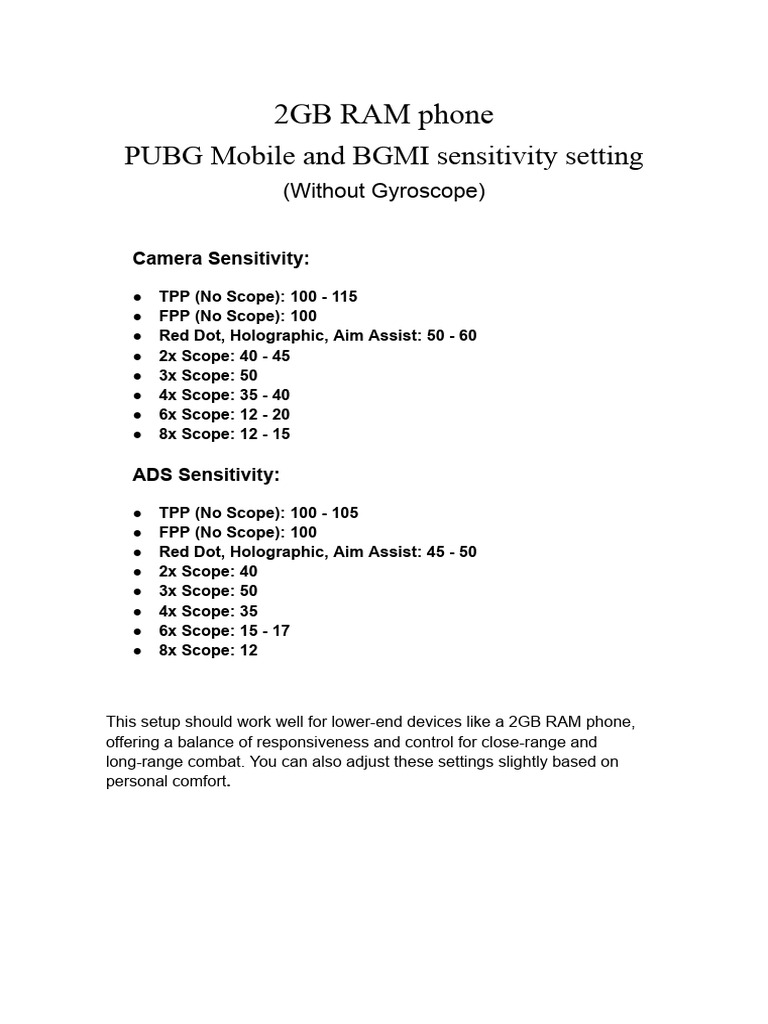 2GB RAM Phone PUBG Mobile and BGMI Sensitivity Setting 03 | PDF