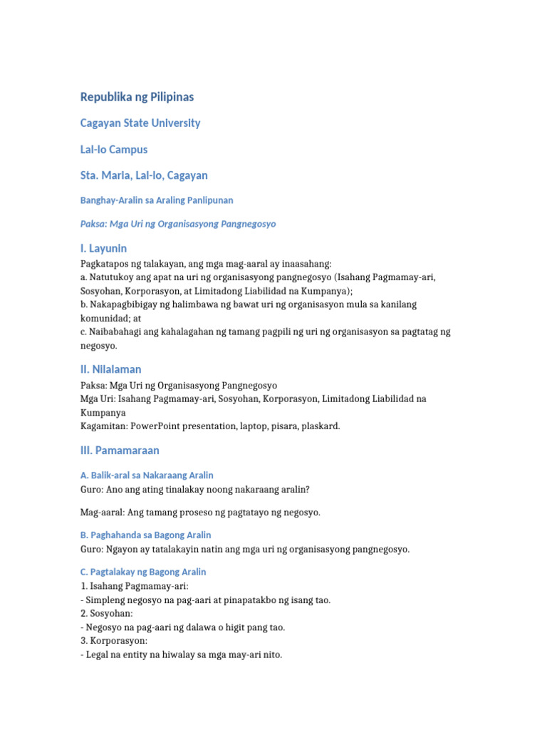 1.updated Detailed Lesson Plan Business Organizations | PDF