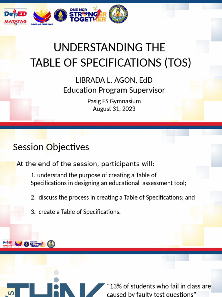 Table of Specifications 1 | PDF | Educational Assessment | Cognition