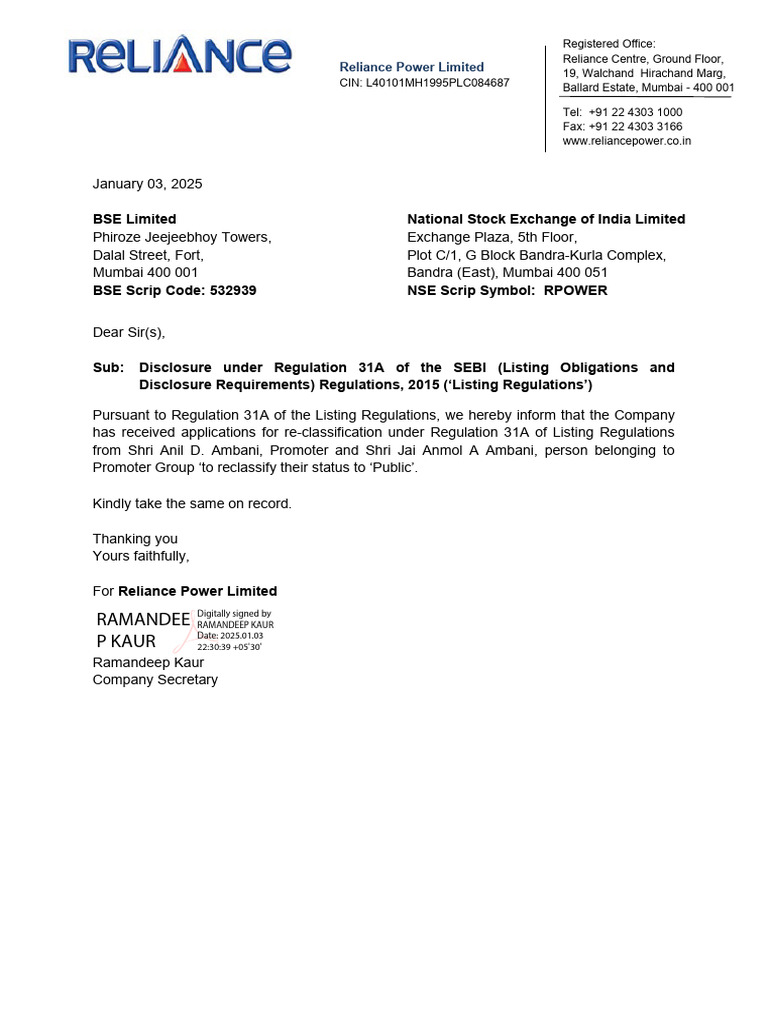 RPOWER 03012025224305 Reliance Power SE Disclosure Depromo 2025-01-03 | PDF
