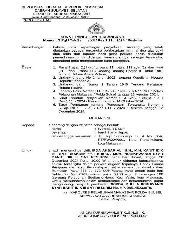 SURAT PANGGILAN TSK 1 FAHRIN | PDF