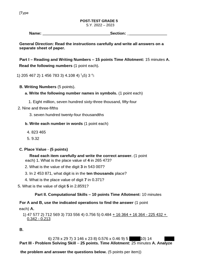 Grade 5 Project An Assessment Tool 2021-2022 (Post Test) | PDF