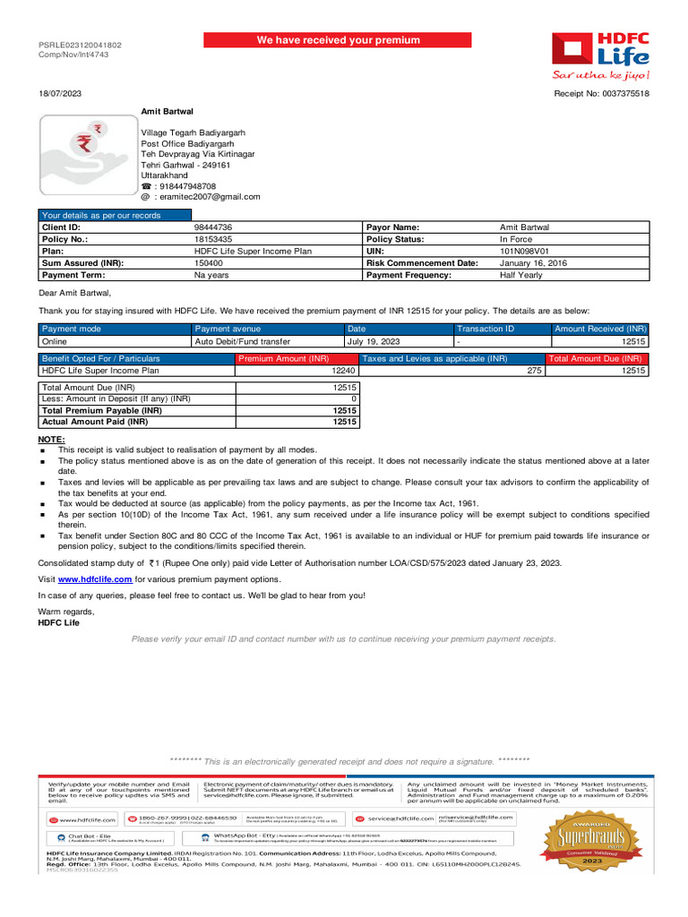 HDFC Life - Payment - Receipt - 0037375518 | PDF | Life Insurance ...
