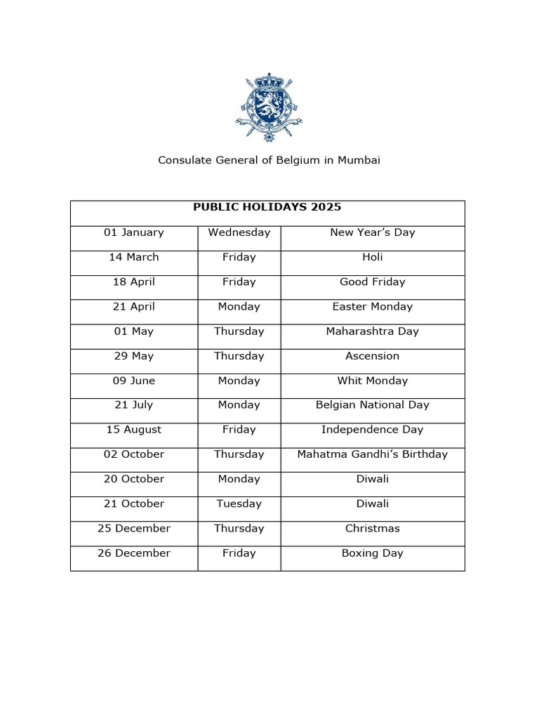 CG Mumbai - Public Holidays 2025 | PDF