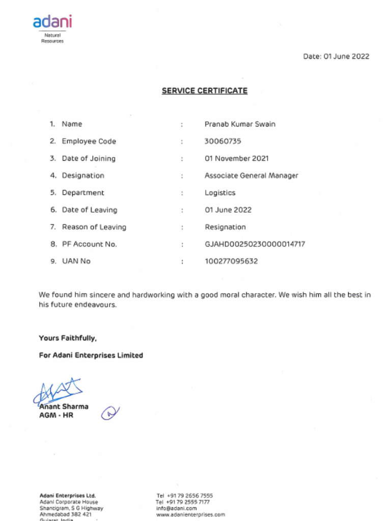 Service Certificate_Adani | PDF