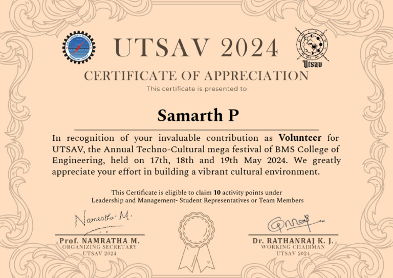 Samarth P Volunteer Certificate | PDF