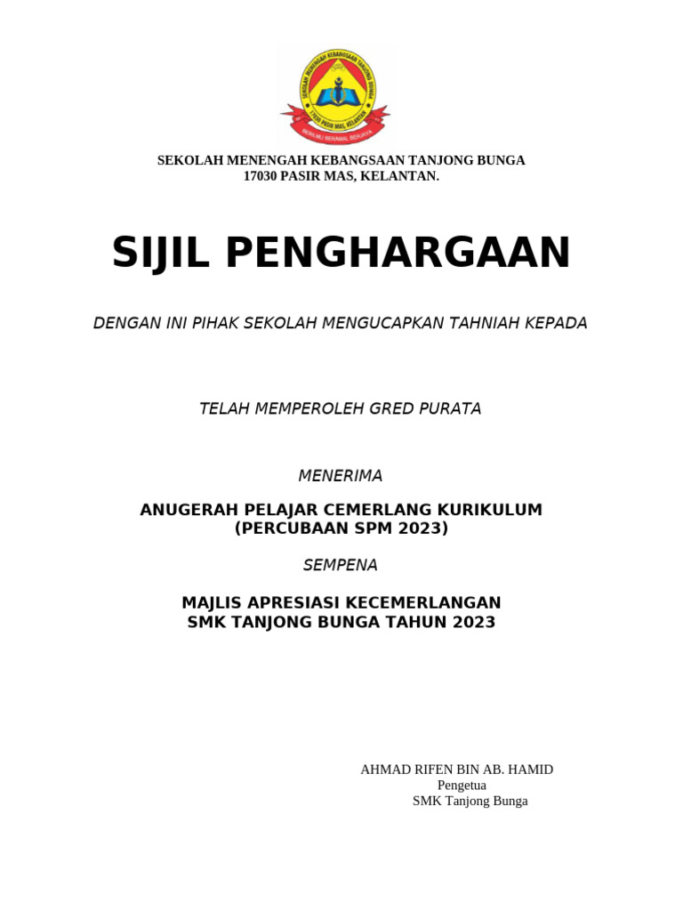 SIJIL APRESIASI KECEMERLANGAN | PDF