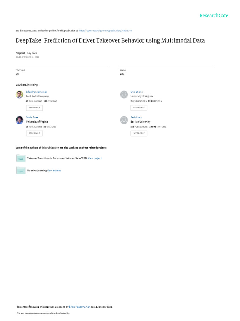 DeepTake_ Prediction of Driver Takeover Behavior Using Multimodal Data | PDF | Deep Learning ...