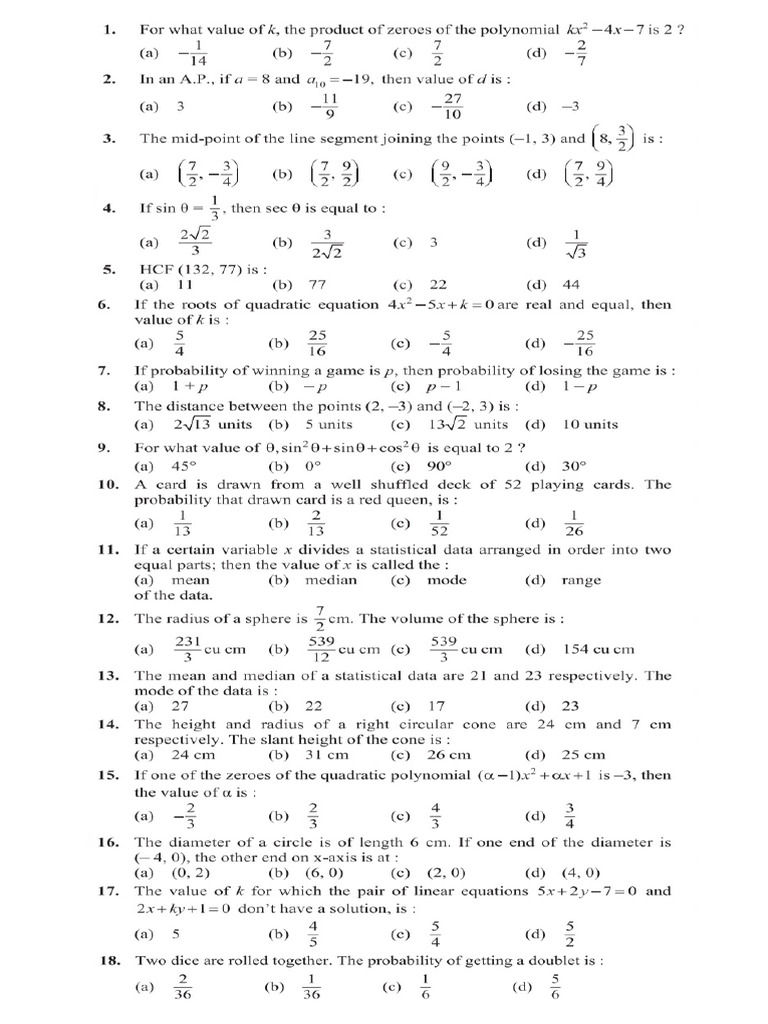 Maths PYQs Class10th | PDF