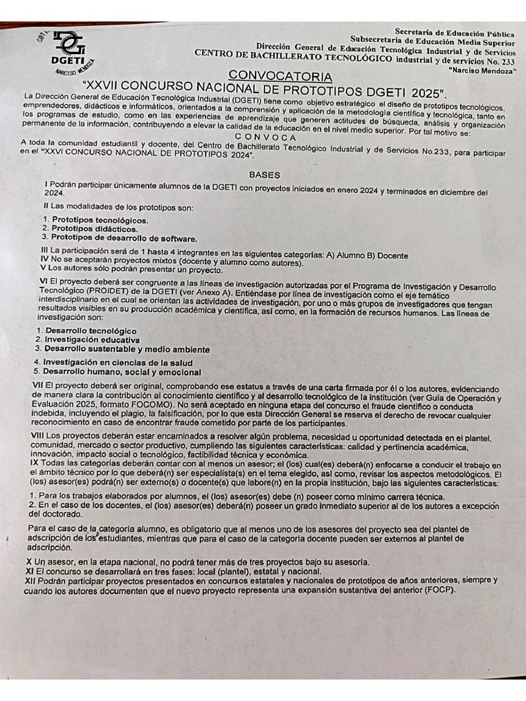 Xxvii Concurso Nacional de Prototipos Dgeti 2025 | PDF