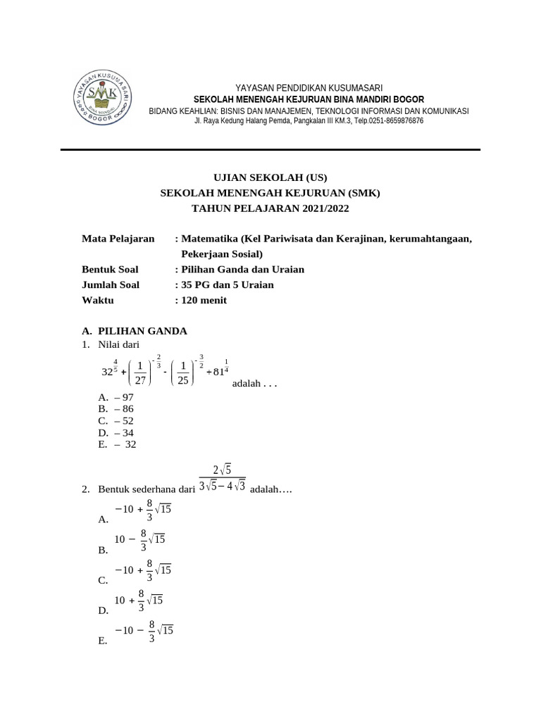 Soal Us Matematika Otkp | PDF