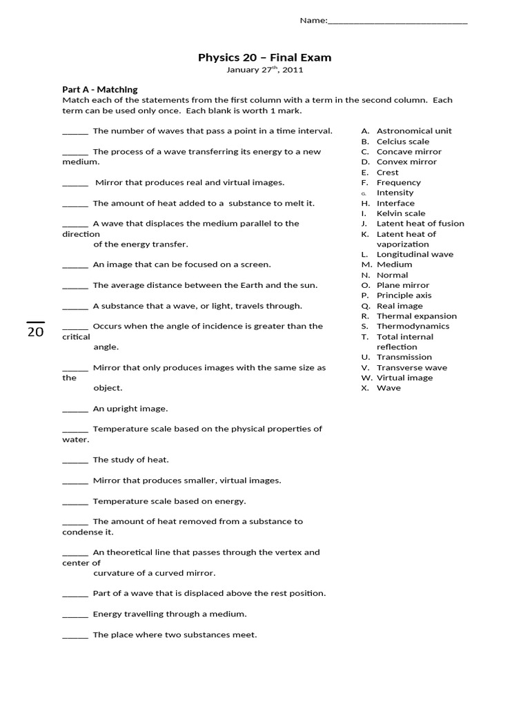 Physics 20 - Final Exam - Jan.27 - 2011 | PDF | Heat | Temperature