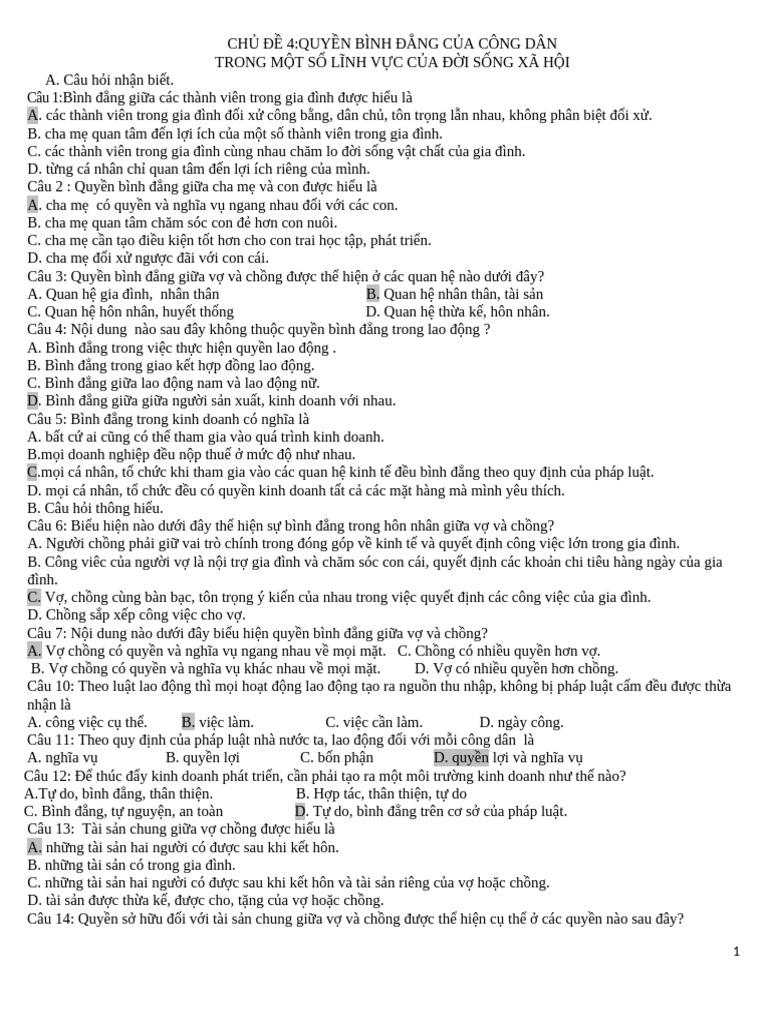 GDCD Chủ Đề 4 - Đáp Án Tự Làm | PDF