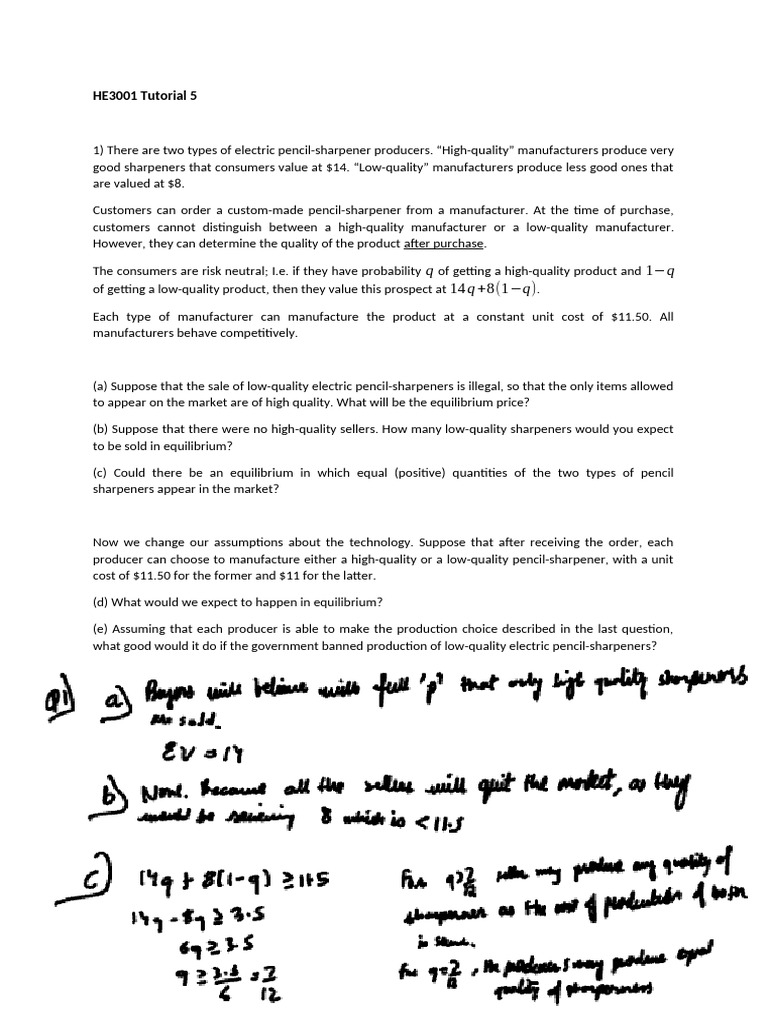 Tutorial 5(1) | PDF | Economic Equilibrium | Incentive