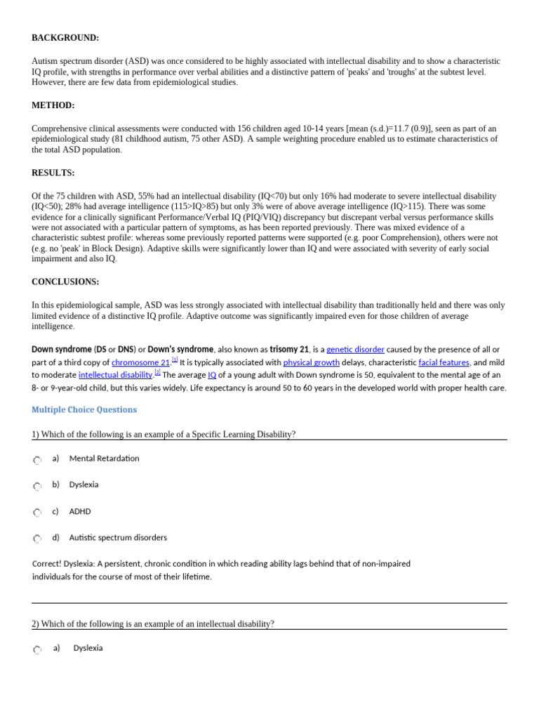 BACKGROUND mcq | PDF | Intellectual Disability | Pervasive ...