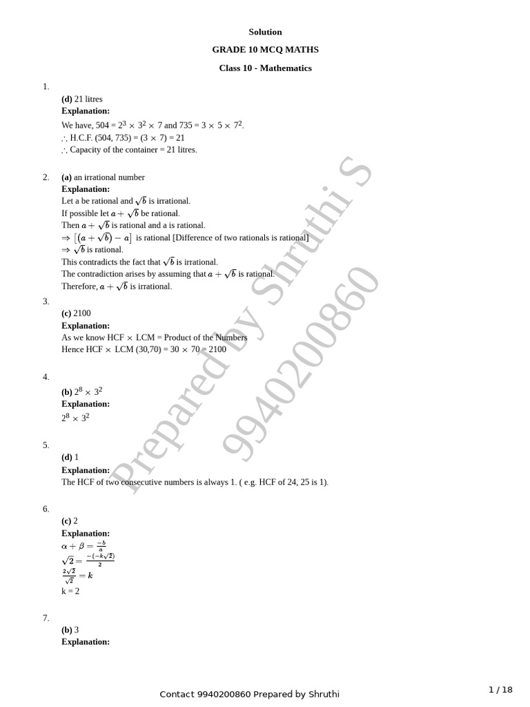 Grade 10 Maths MCQ Full Solns | PDF | Area | Circle