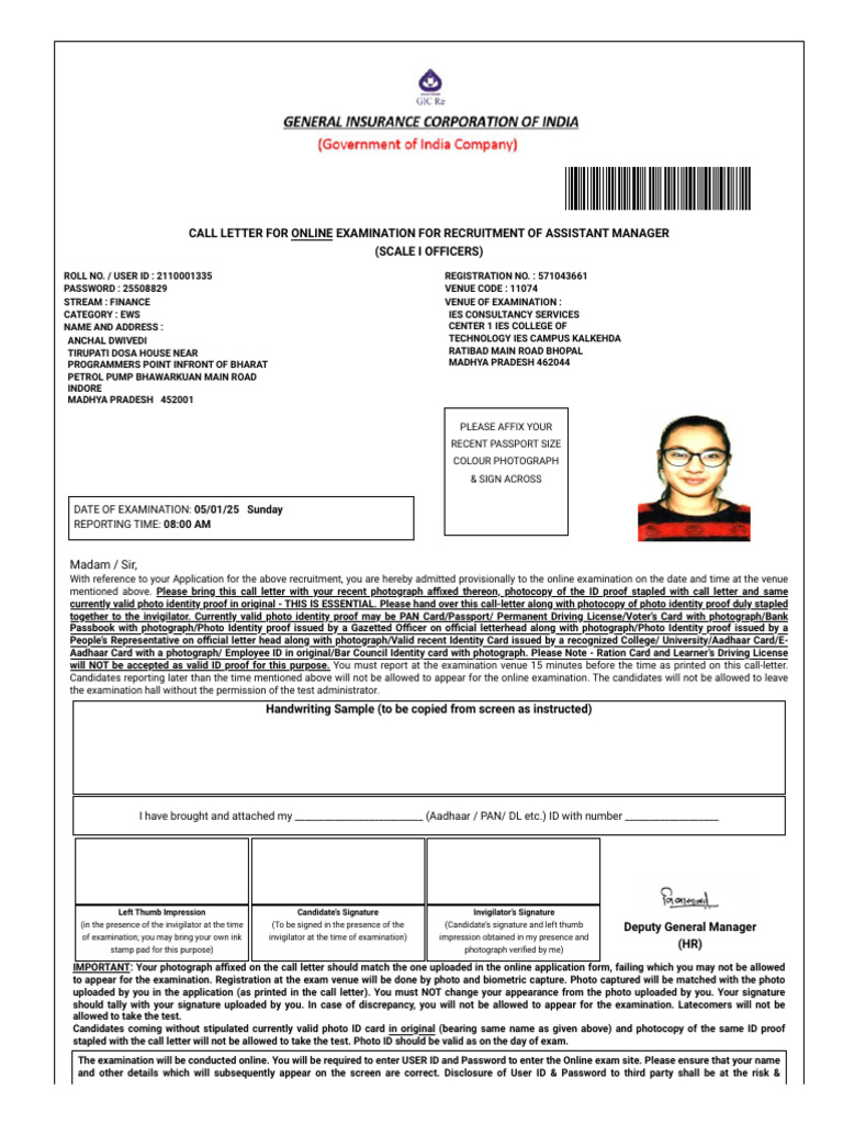 Exam Call Letter for Asst. Manager | PDF | Identity Document