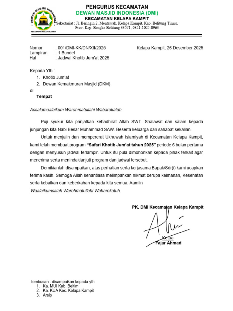 Surat Pengantar Jadwal Khotiba Jumat DMI Kecamatan Kelapa Kampit | PDF