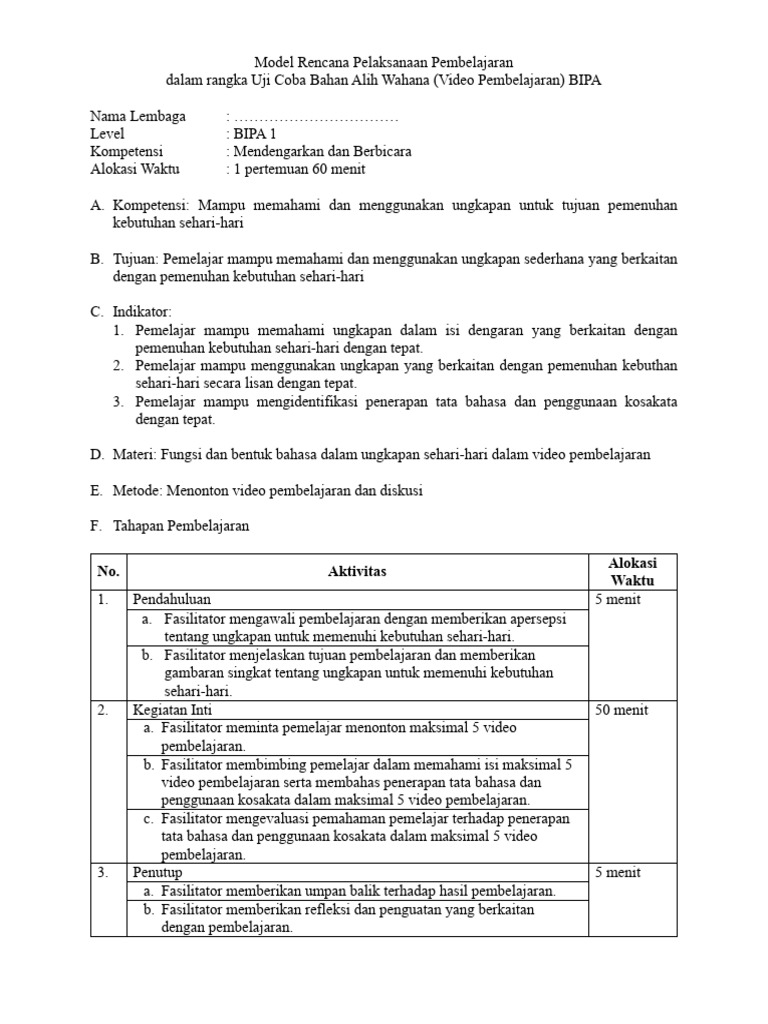 Draf Model RPP Bahan Alih Wahana (Video Pembelajaran) BIPA | PDF
