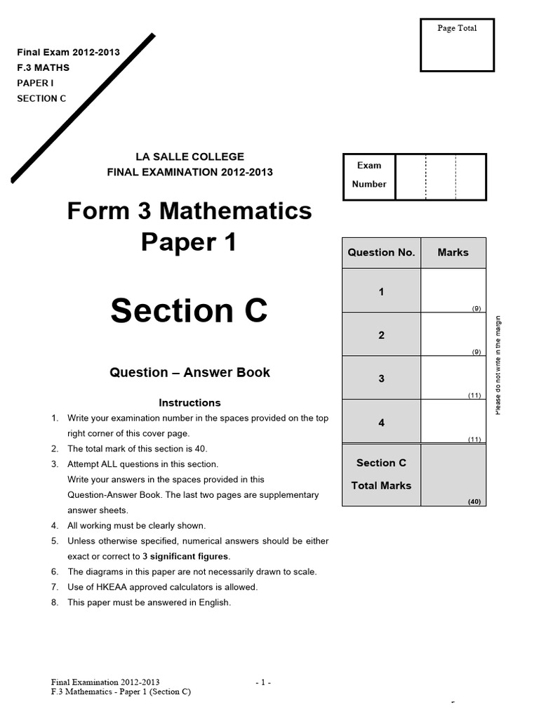 LaSalleCollege F3 Maths Final Exam Paper 1 Section C 2012 13 | PDF ...