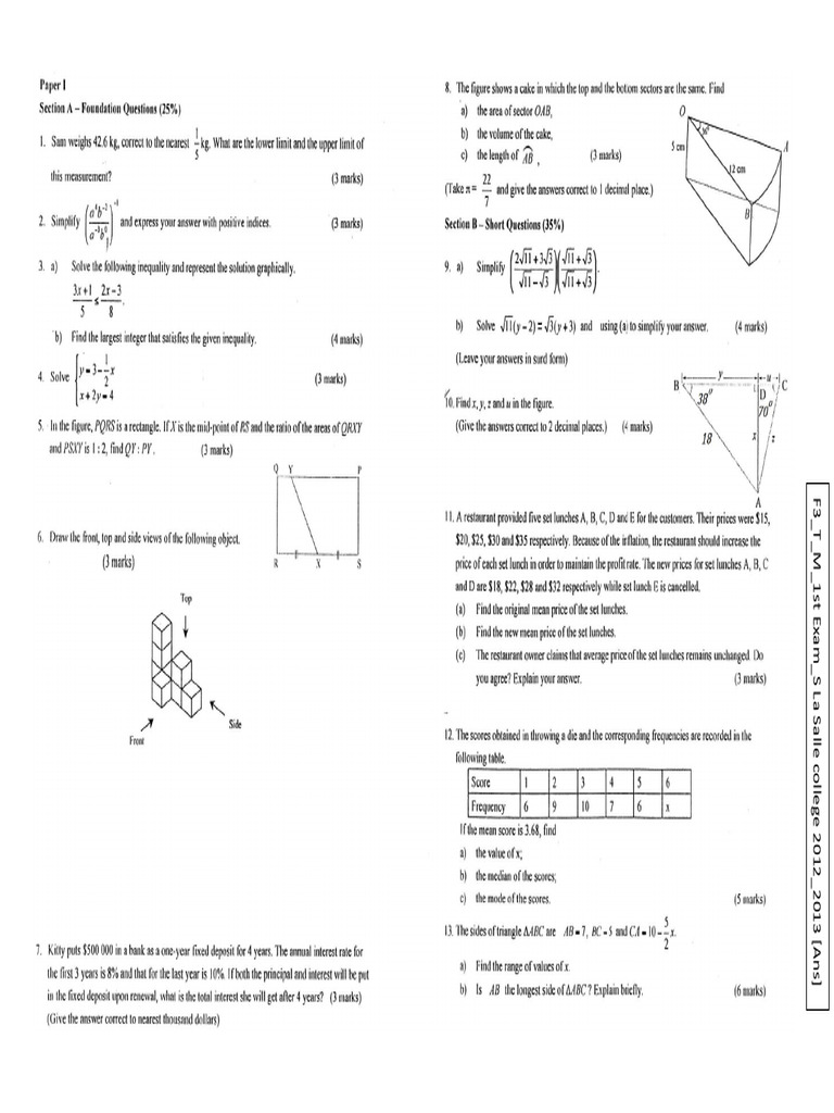 LaSalleCollege-F3-Maths-Mid-Year-Exam-Paper-1_and_2-2012-13 | PDF