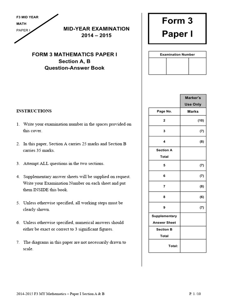 LaSalleCollege F3 Maths Mid Year Exam Paper 1 2014 15 | PDF | Mathematics