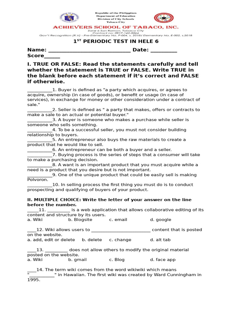 HELE 6 Periodic Test Overview | PDF