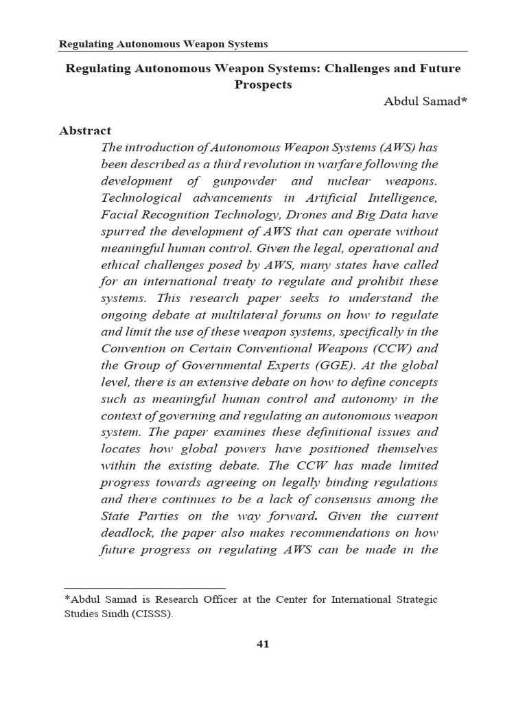 Regulating Autonomous Weapon Systems Challenges An | PDF | International Humanitarian Law | Autonomy
