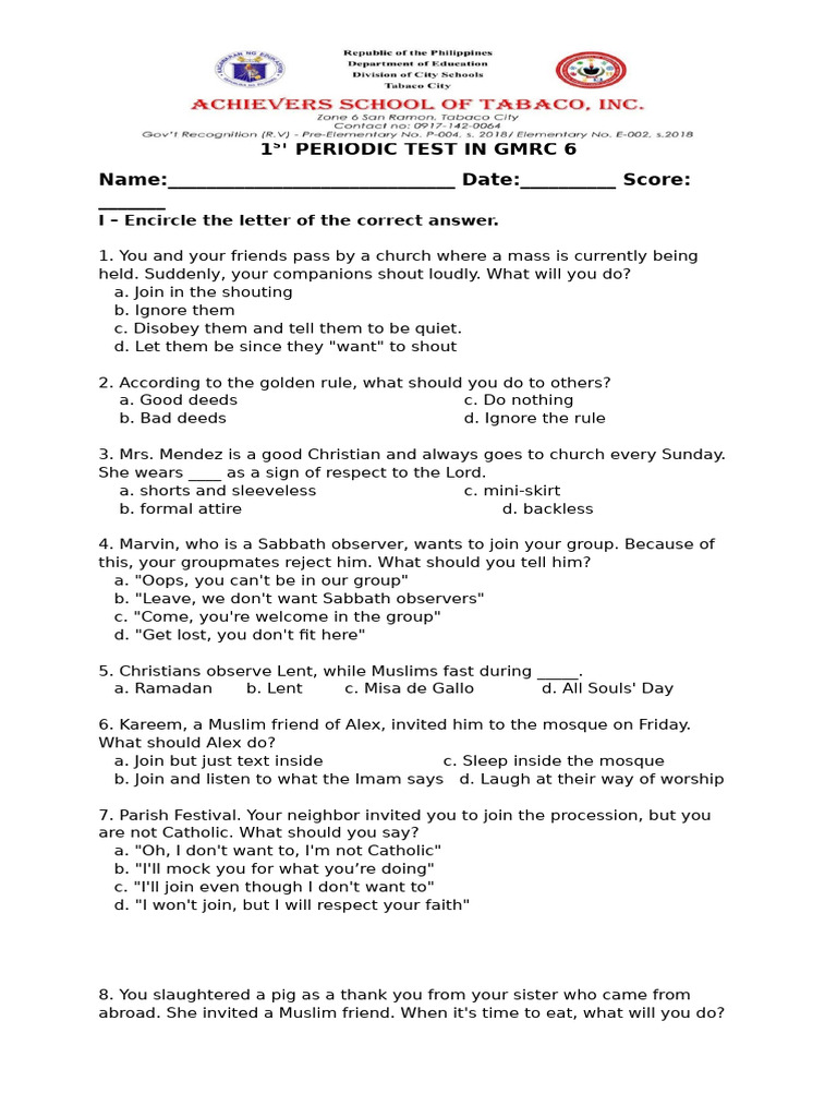1st Periodic Test in GMRC 6 | PDF