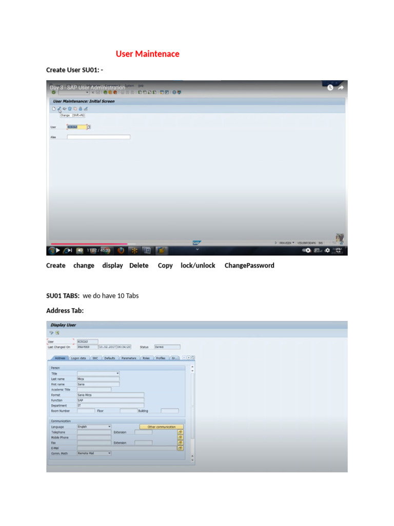 User Maintenace SU01 Tabs Screenshots | PDF