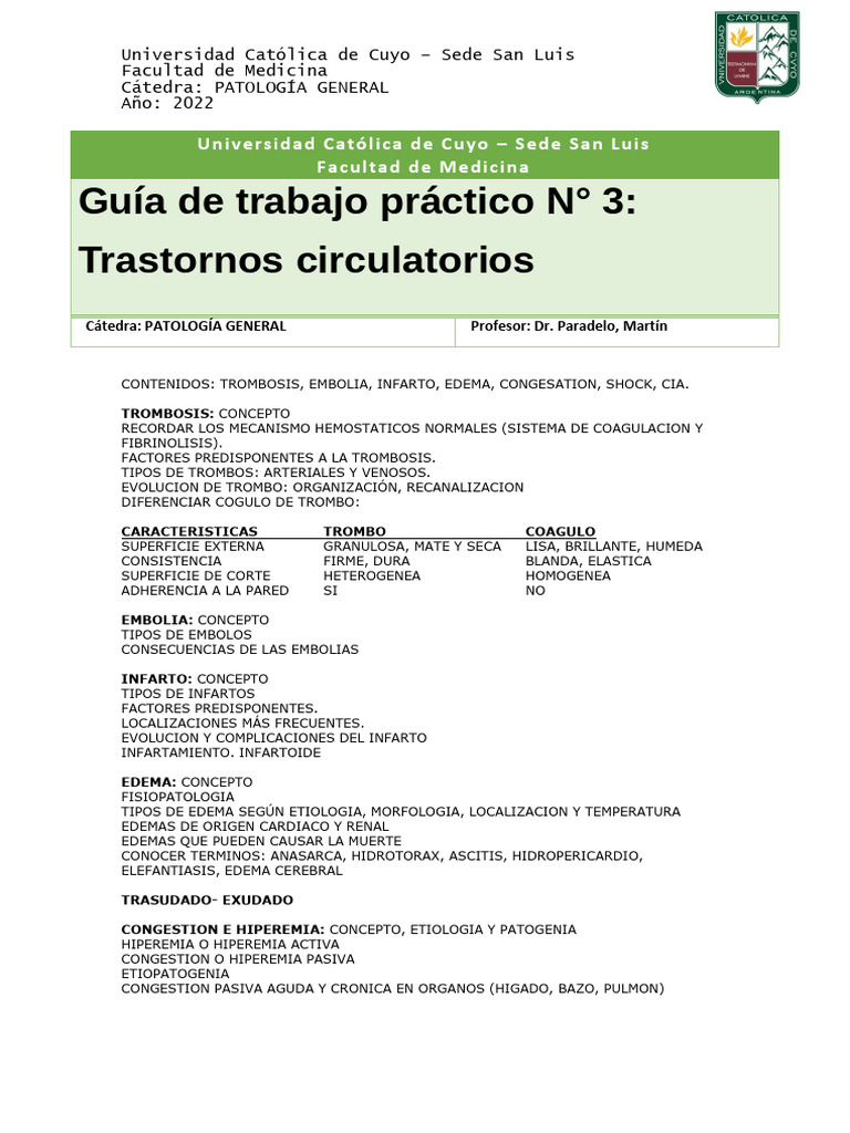 Guía de TP N°3 - Trastornos circulatorios | PDF | Embolia | Trombosis