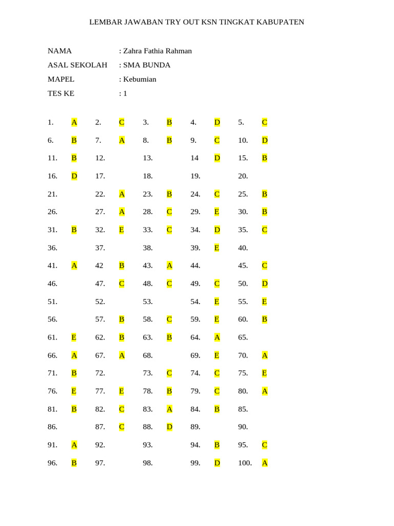 LEMBAR JAWABAN TRY OUT KSN TINGKAT KABUPATEN | PDF