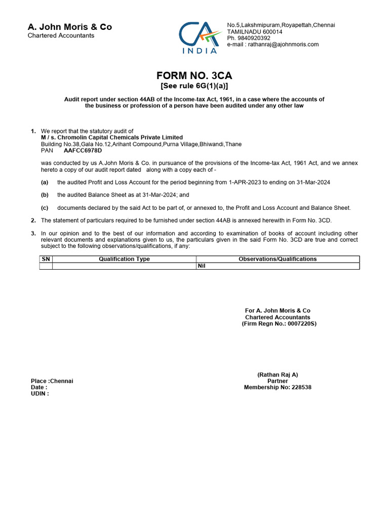 Form 3CD Draft - Chromolin AY 2024-25 | PDF | Cheque | Payments