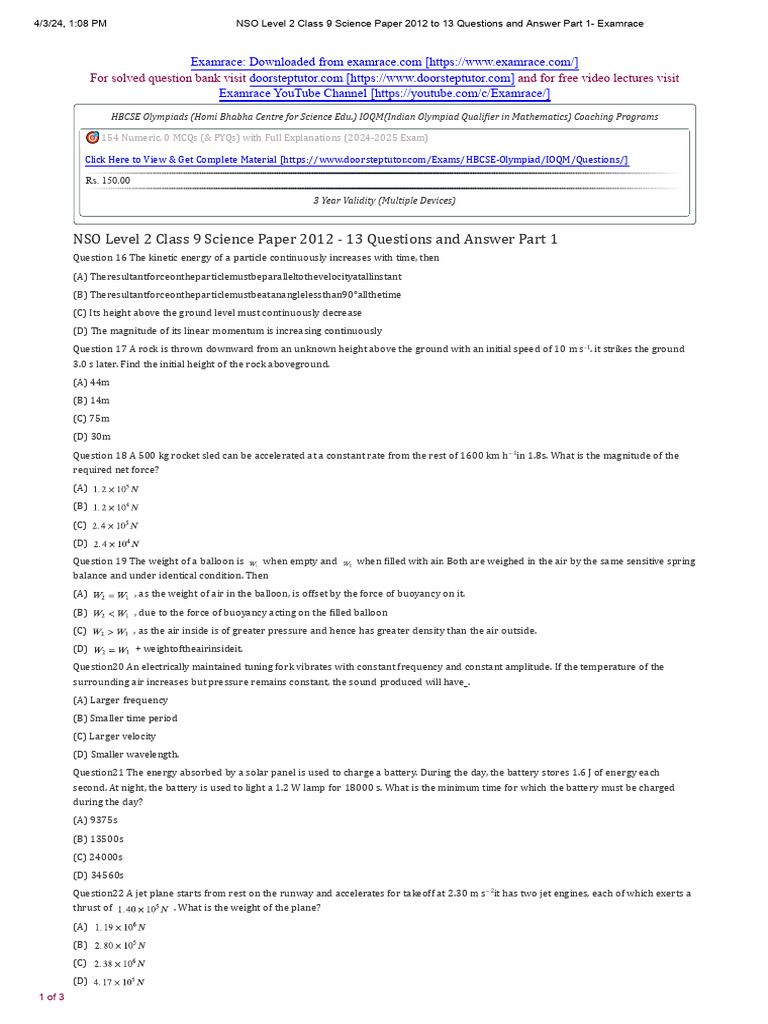 NSO Level 2 Class 9 Paper 2012 13 Part 1 | PDF | Force | Light