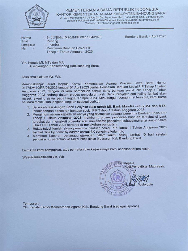 Penetapan Penerima PIP Madrasah 2023 | PDF