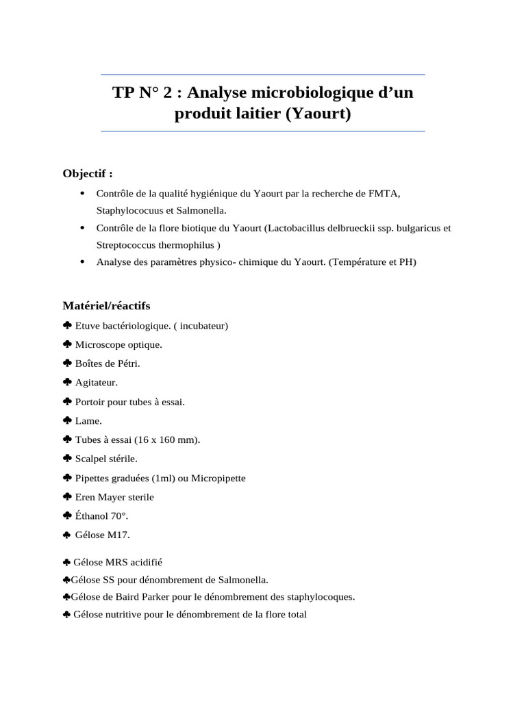 TP N 2 ANALYSE MICRO YAOURT | PDF | Yaourt | Microbiologie