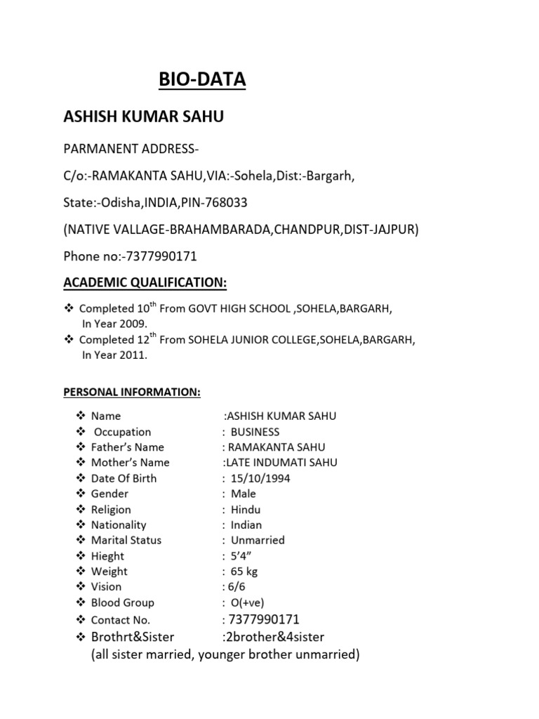 Bio Data Ashish Kumar Sahu | PDF