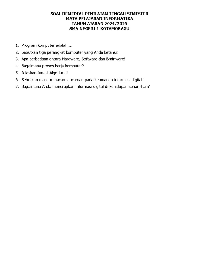 Soal Pts Informatika 2024 Remedial | PDF