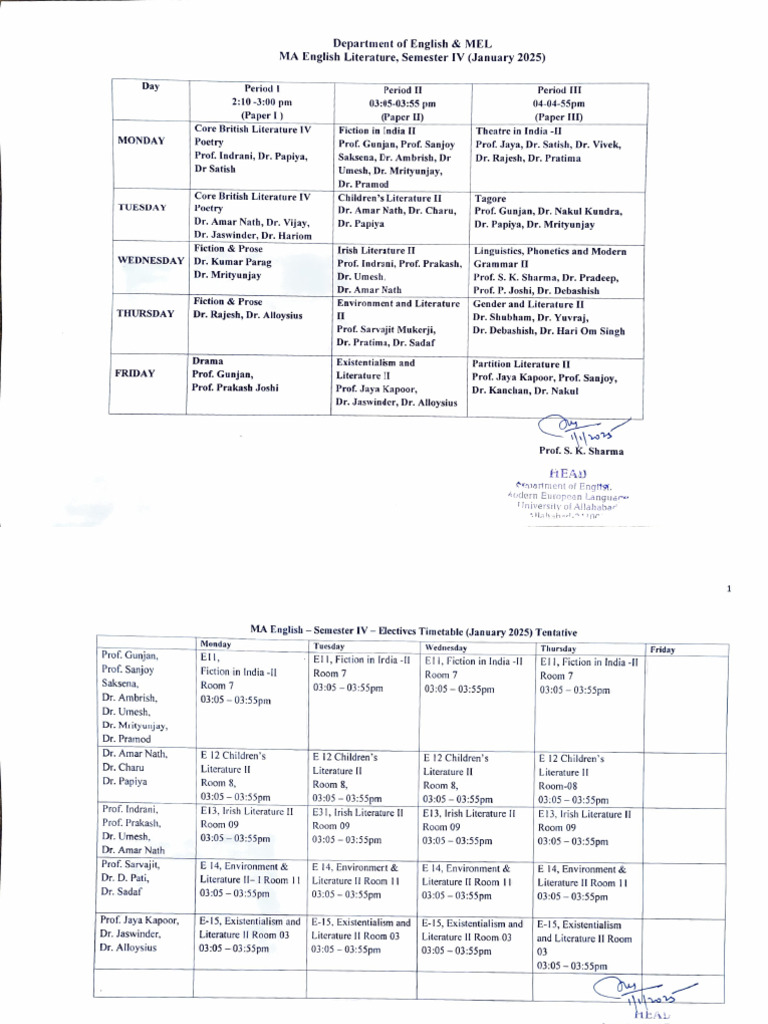 Timetable 4th Sem. Jan. 2025 | PDF | Linguistics | Liberal Arts Education
