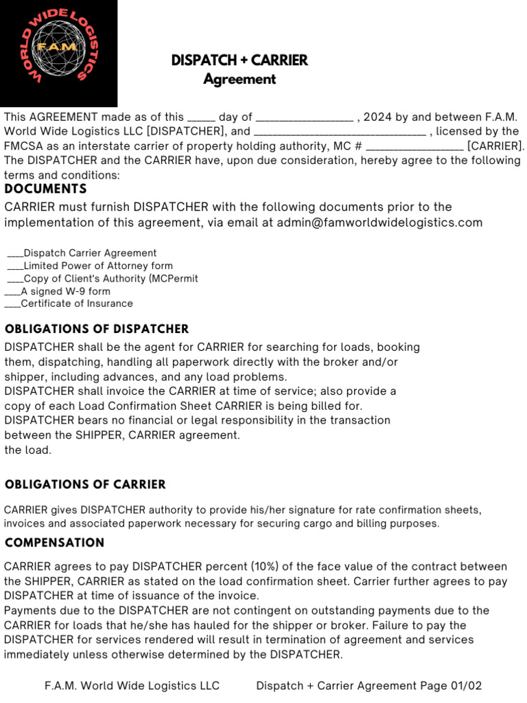 Dispatch + Carrier Agreement-2 | PDF | Cargo | Indemnity