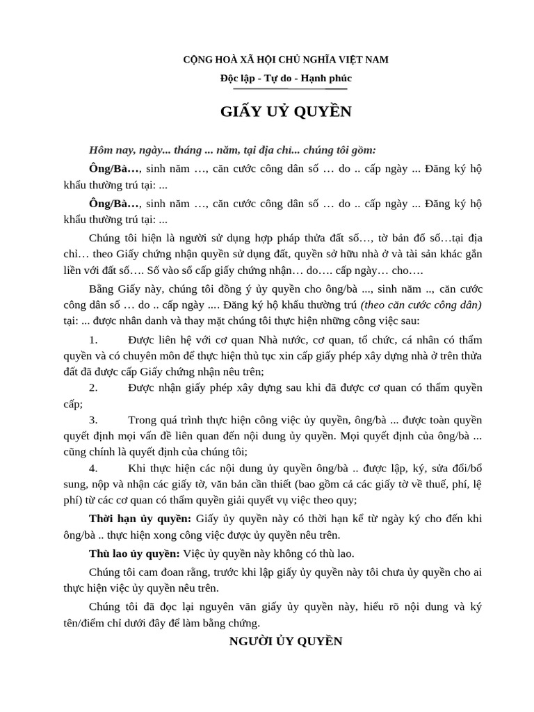 Mau Giay Uy Quyen Xin Giay Phep Xay Dung 2023 - 2703093449 | PDF