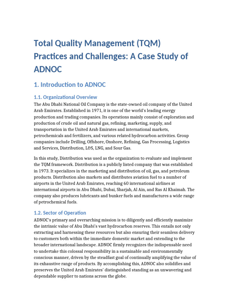 Total Quality Management (TQM) Practices and Challenges - A Case Study of ADNOC | PDF | Quality ...