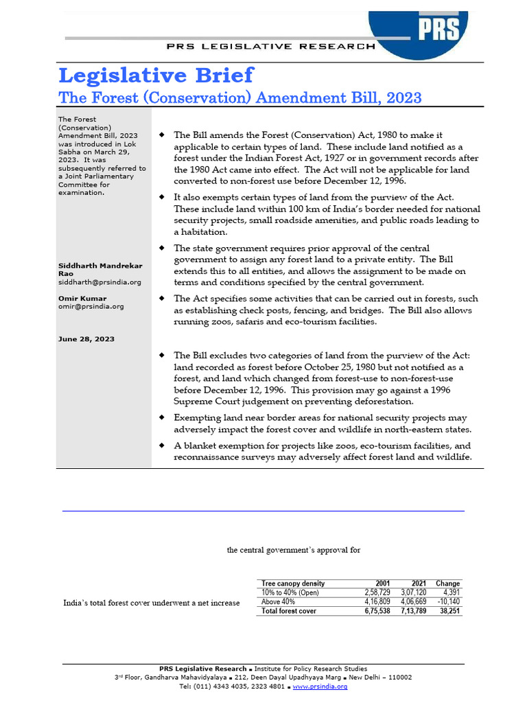 Legislative Brief Forest (Conservation) Amendment Bill 2023 | PDF ...